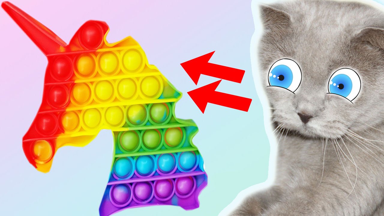 Веселая игра кошки с друзьями с поп ит единорогом