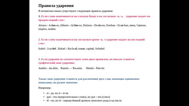 Правила постановки ударения в испанском языке