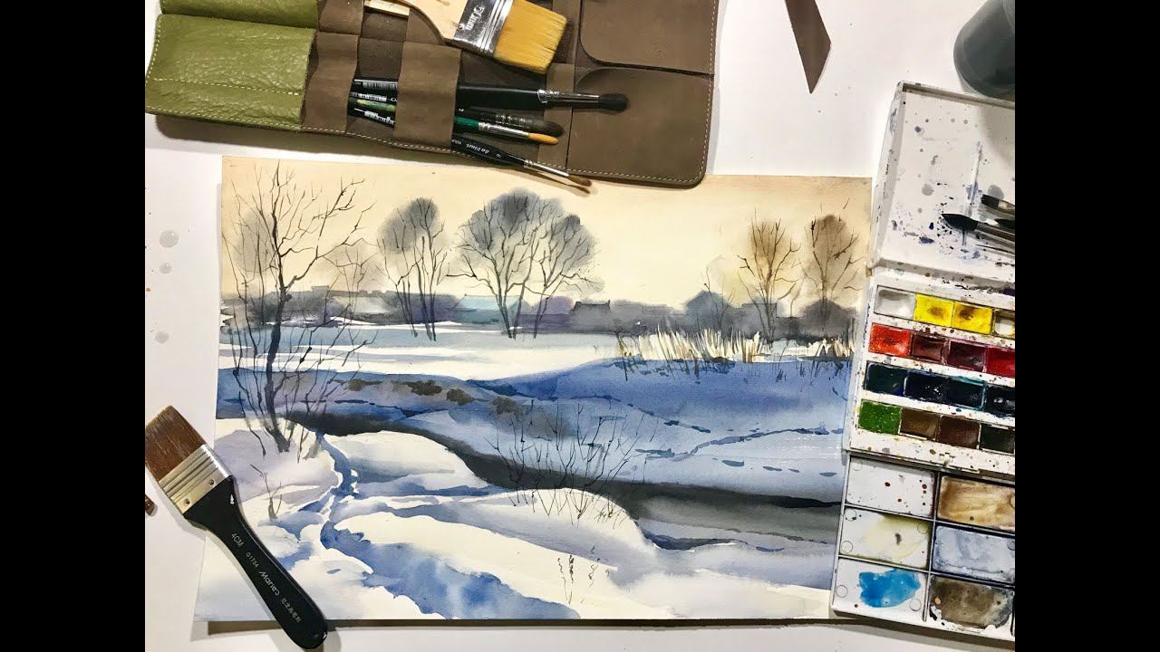 Мастер-класс по акварельной живописи «Зима в деревне». Рисуем атмосферный сельский пейзаж.