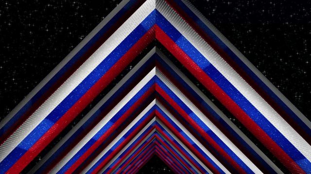 Туннель из треугольных арок с флагом России. Наклонные колонны. 4K. 3D-пространство. Абстракция 4K.