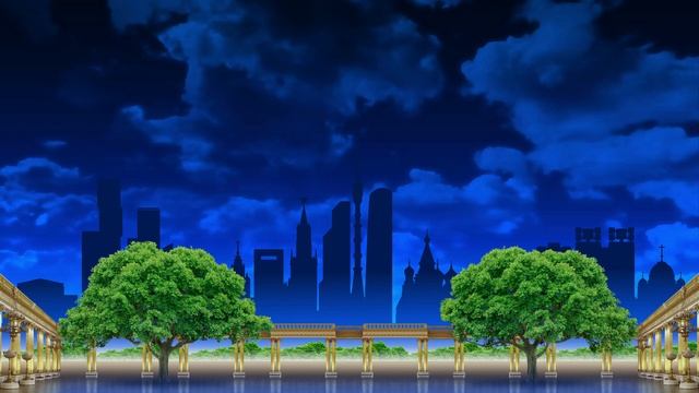 Фон с золотой колоннадой и деревьями с контурами Москвы. Анимация городской среды для шоу. 4K.