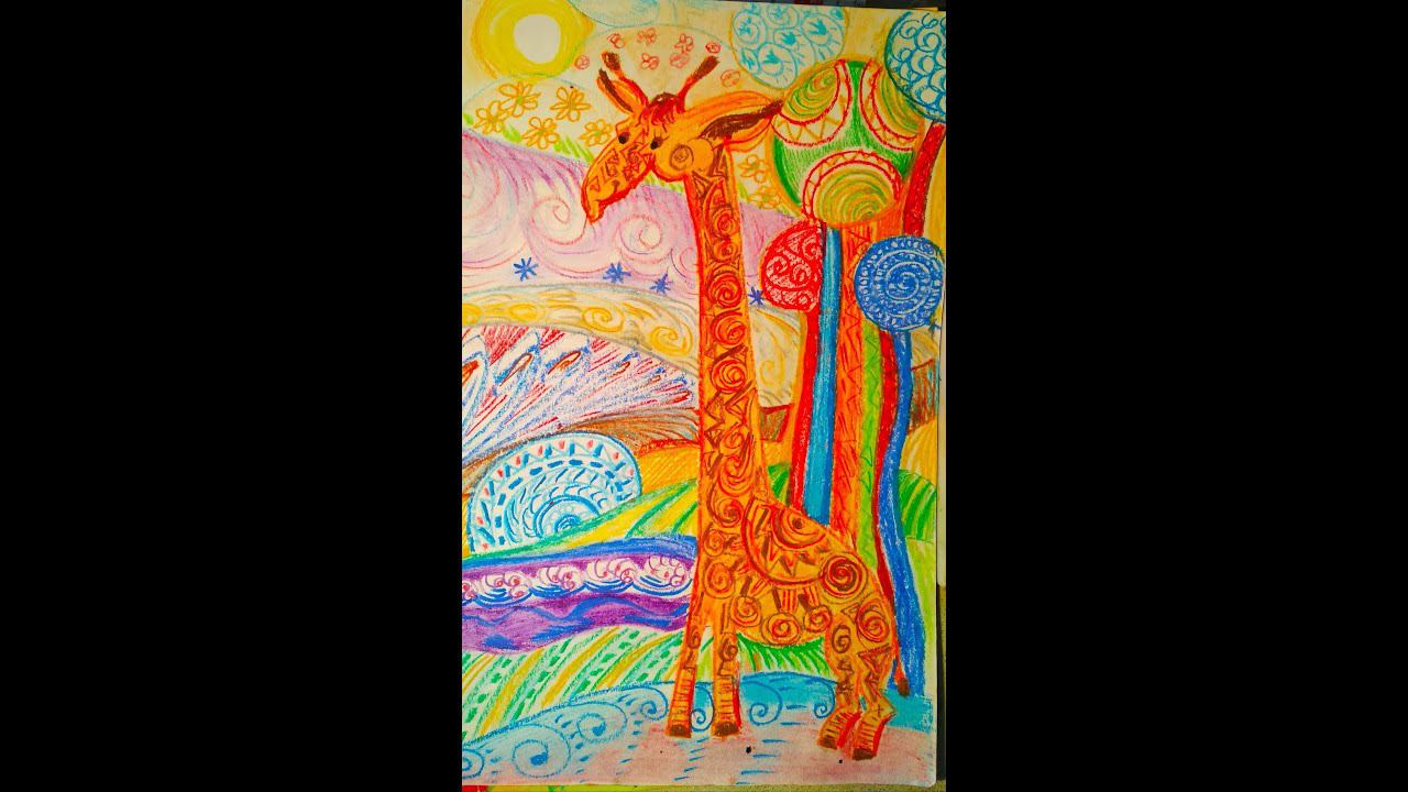 жираф на прогулке пастель рисованиемузыку lesson-game giraffe on a walk oil pastel drawing to music