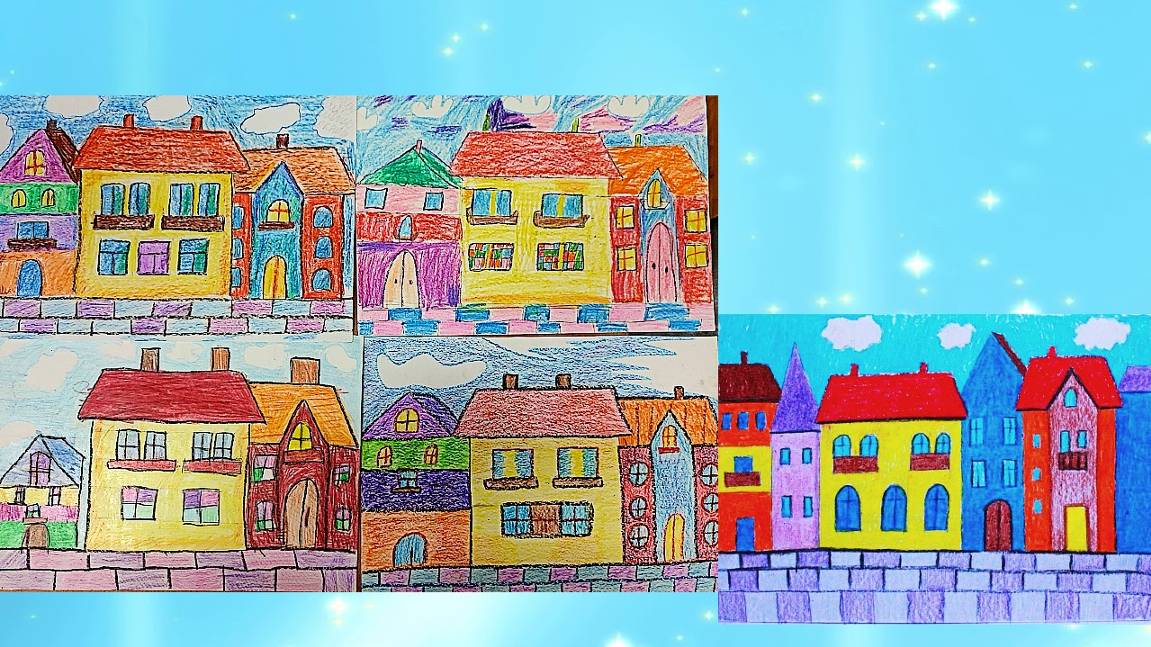 Как нарисовать город и дома восковыми мелками. Рисуют дети на моем уроке рисования в школе.