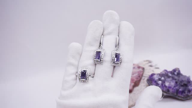 Серьги и кольцо аметист стразы посеребрение комплект гарнитур 4056 Хорошие Вещи