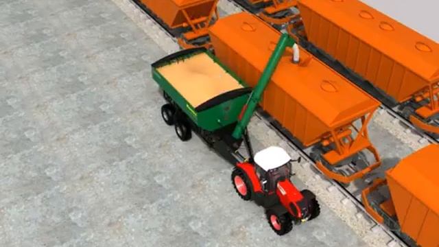 Перевалка зерна. Анимация загрузки вагонов зерном бункера-перегрузчика