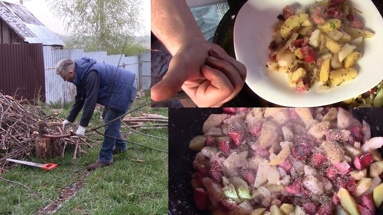 Дачные, весенние работы, а так же картошка по охотничьи в казане на сале со шкварками