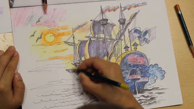 Корабль "Полтава" 1712
Видеоурок «К БЕРЁЗОВЫМ ОСТРОВАМ» техника-цветные карандаши