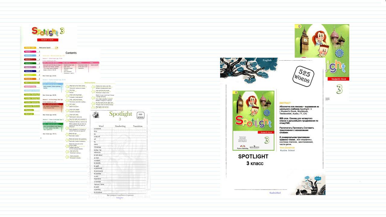 1.Spotlight 3. Содержание учебника. Student's Book p.1-3. Contents + Words. Вордбук