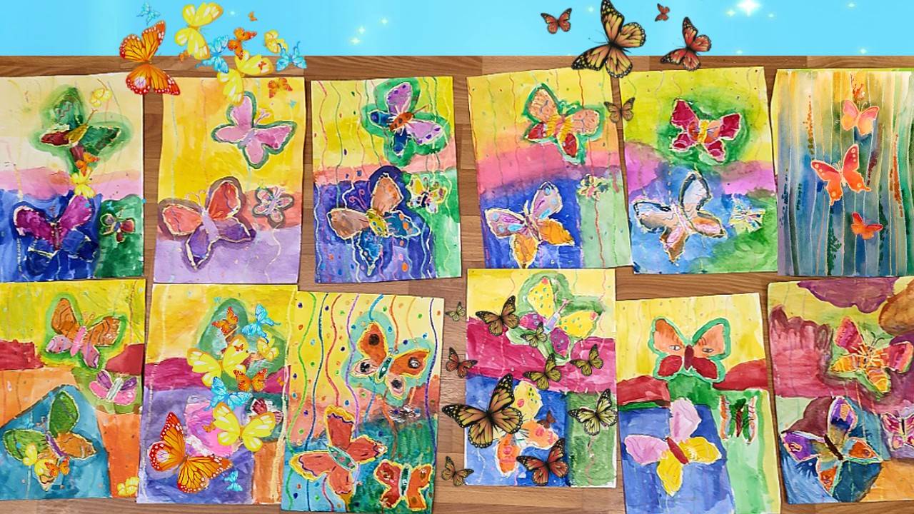 Как нарисовать бабочек восковыми мелками и акварелью Уроки рисования в школе
