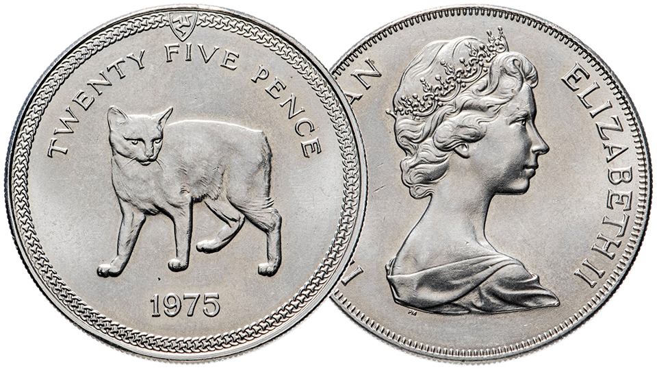 25 пенсов Острова Мэн выпуска 1975 года кошка Мэнкс.