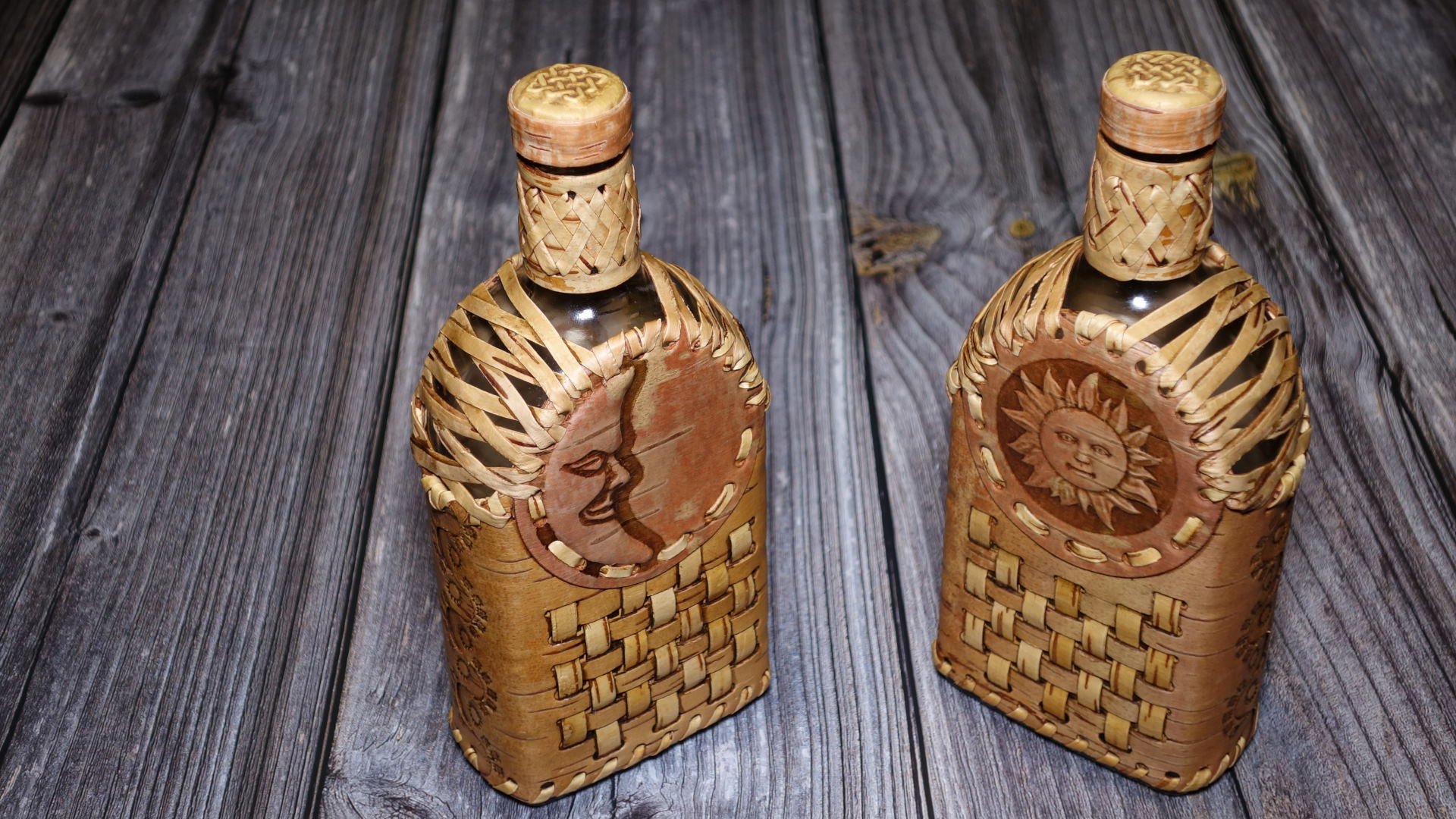 Бутылка 0,5 день-ночь, декор берестой. Своими руками.