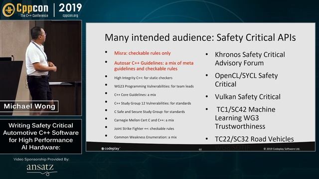 Writing Safety Critical Automotive Software for High Perf AI Hardware - Michael Wong - CppCon 2019