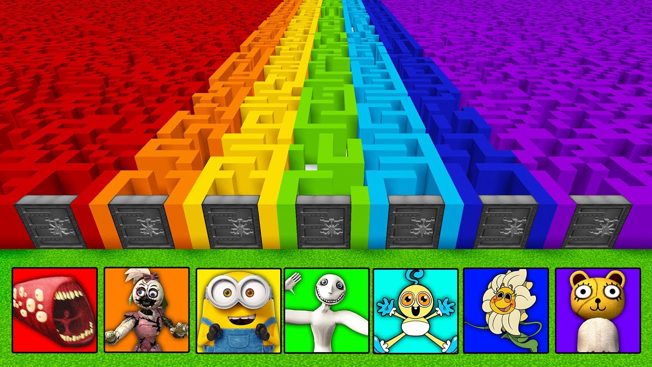 Выбери радужный лабиринт ПОЕЗД ПОЖИРАТЕЛЬ ЧИКА МИНЬОН РЕБЕНОК ДЛИННЫЕ НОГИ ЙОЙО в майнкрафт!