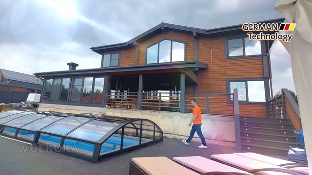 Павильон для бассейна модель CARAT. Цвет профиля ГРАФИТ. Остекление прозрачным поликарбонатом