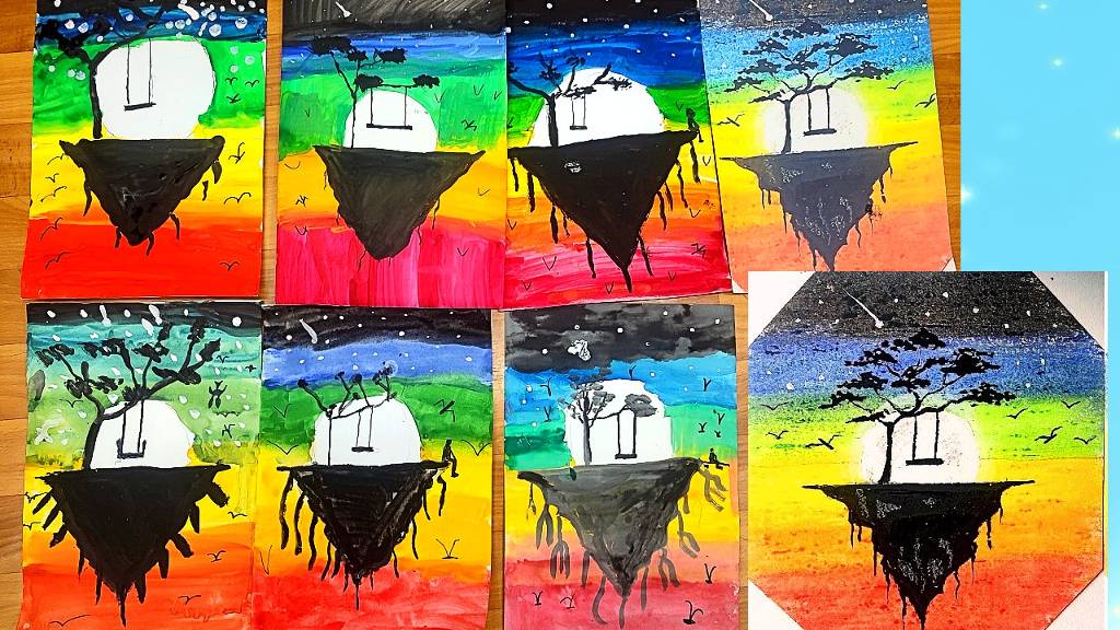 Как нарисовать фантастический пейзаж. остров. Урок рисования в школе. Рисуют дети вместе со мной.