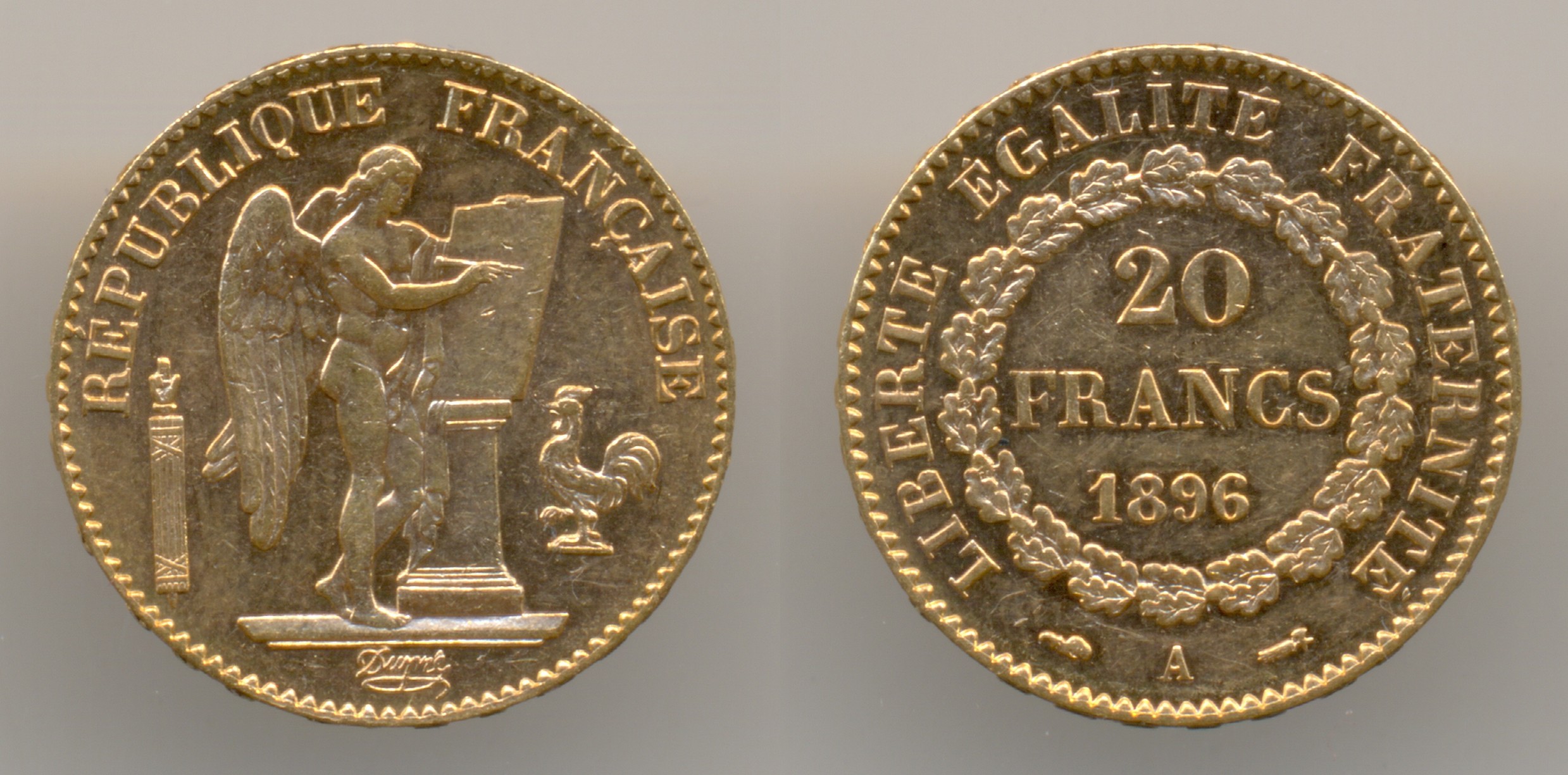 Нумизматика. Золотая монета. Франция, третья Республика, 20 франков 1896 года.