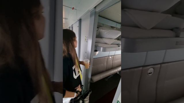 Размещаемся в купе на 2 этаже, наши места нижние, в поезде чемоданы можно класть только внизу