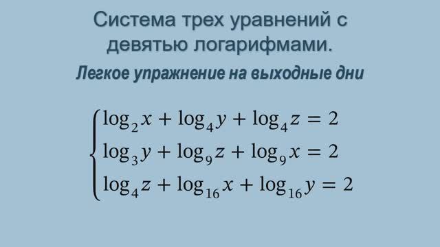 Система трех уравнений с девятью логарифмами. Легкое упражнение на выходные дни.