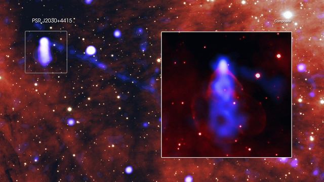 Тур по PSR J2030+4415: крошечная звезда выпускает гигантский луч материи и антиматерии