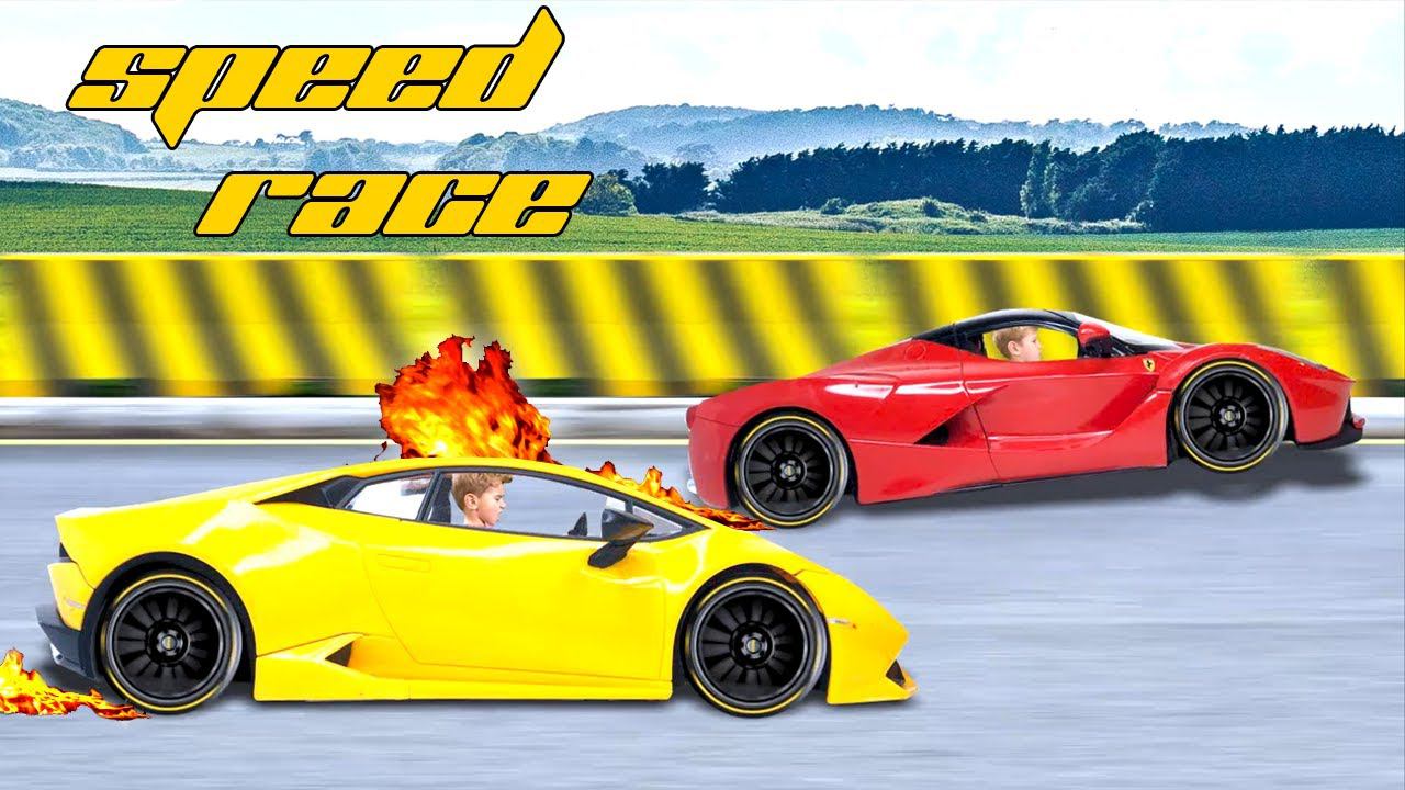 Funny baby Lev and Gleb ride on Power wheels Super Speed cars