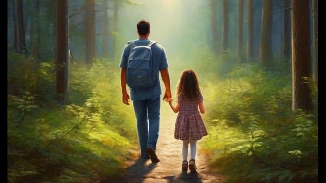 Папа с дочкой идут в лес