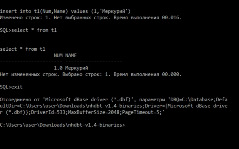 Программа nhdbt в режиме терминала ODBC базы данных dBase, с созданием таблицы и добавлением строки