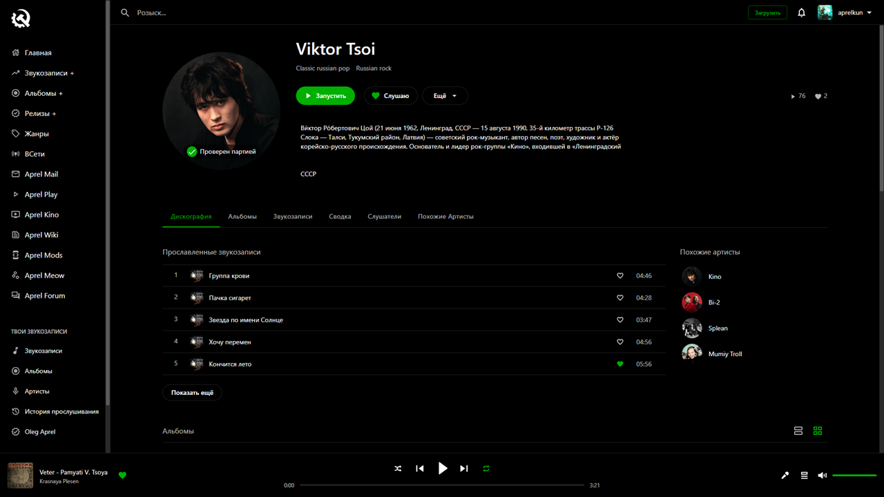 Aprel Music ― визуальный обзор сайта, навигация (Aprel Team)