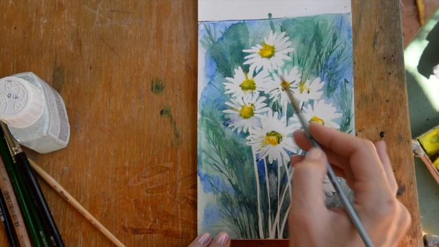 Акварель.Букет ромашек.