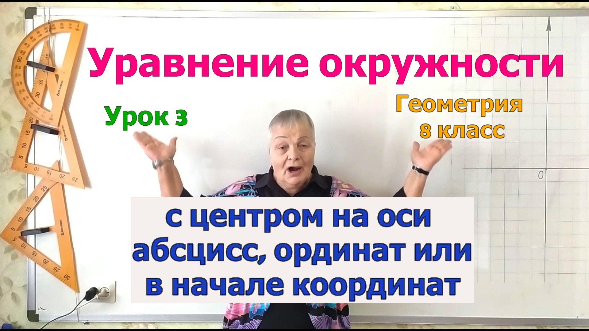 Уравнение окружности с центром на оси абсцисс, ординат или в начале координат. У3. Геометрия 8-9