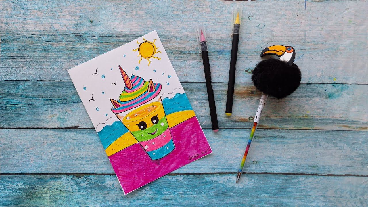 Рисуем весёлый летний коктейль-единорог  Скетчинг маркерами для детей