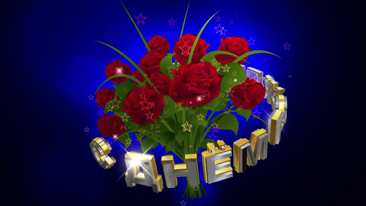 Футаж С ДНЁМ РОЖДЕНИЯ! Букет красных роз на тёмно синем фоне с эффектом звёзд и блёстками