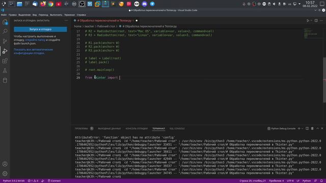 Обработка переключателей в Tkinter.