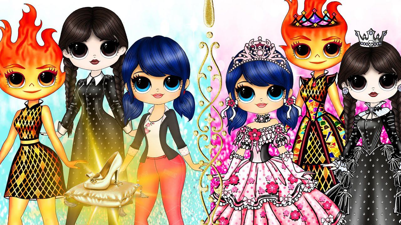 Уэнсдей Аддамс, Маринетт Леди Баг, Энид, Эмбер, Анжела становятся Принцессами - Бумажные Куклы