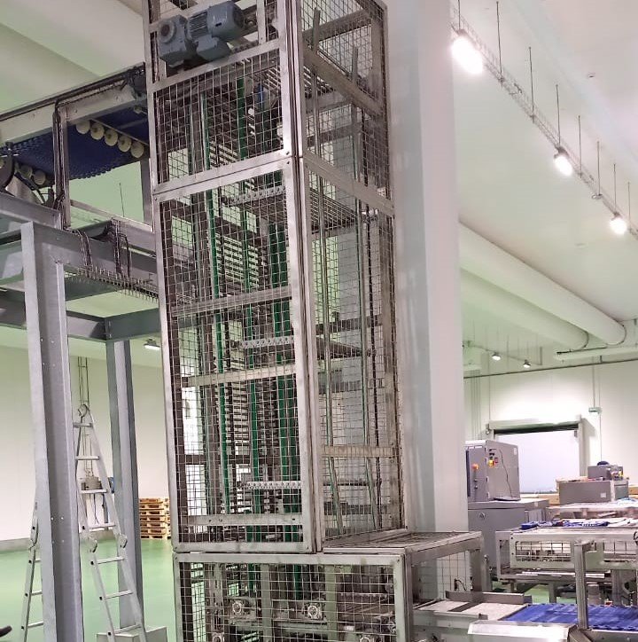 Вертикальный четырехцепной конвейер для гофрокоробов со свининой