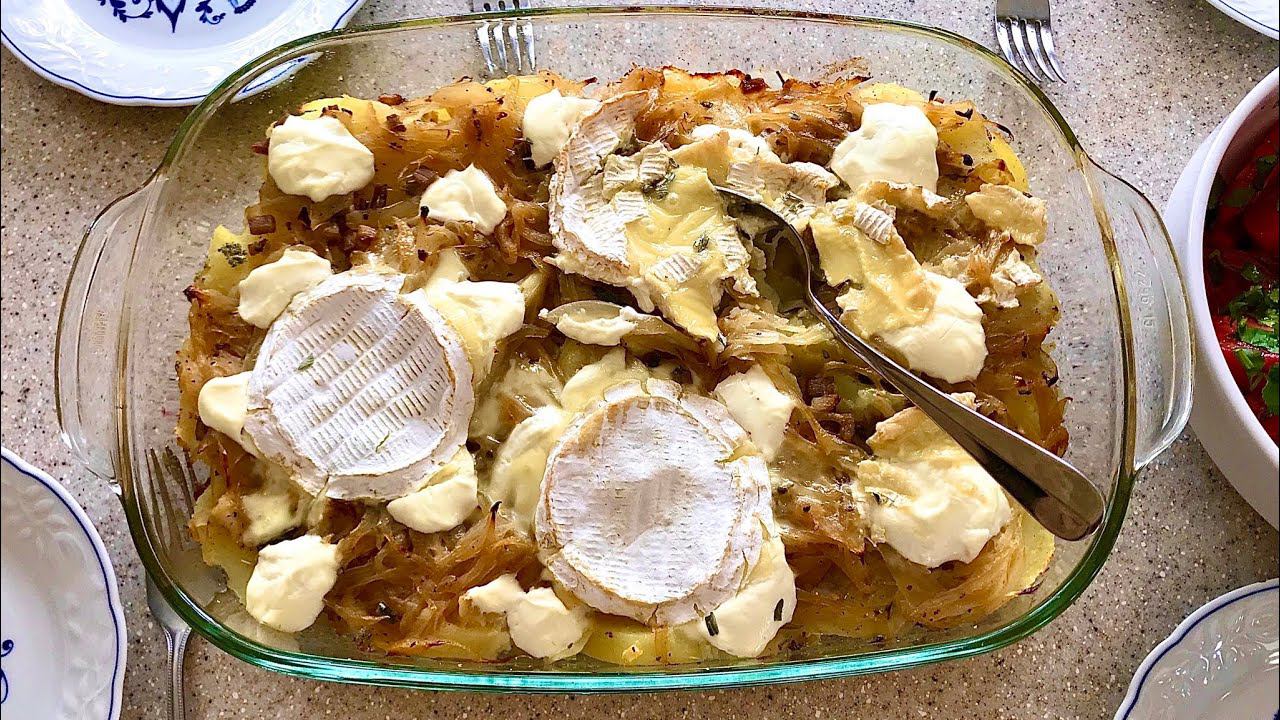 Tartiflette recipe from the French Alps. Potato, cheese, bacon casserole.