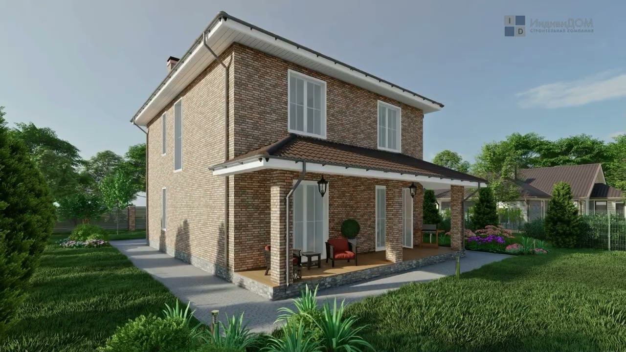 Проект двухэтажного дома с балконом и крыльцом