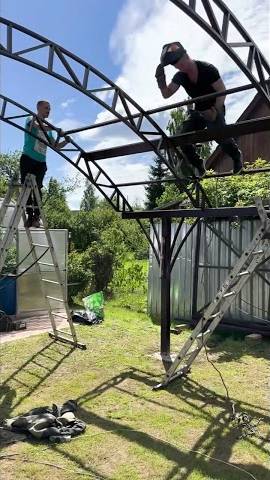 Навес из поликарбоната на две машины 6х6, откатные ворота 4,5х2 и калитка 2х0,9 от Спецкаркас