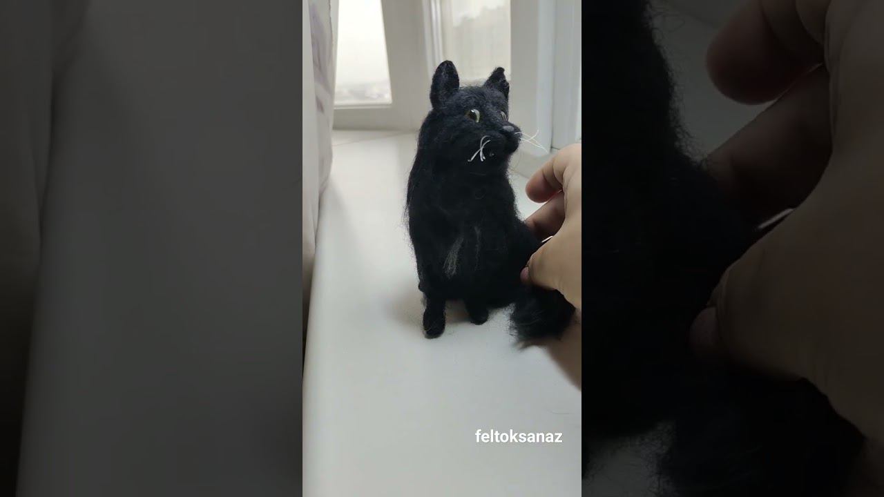 Черная кошка, питомец по фото в технике сухого валяния из овечьей шерсти
