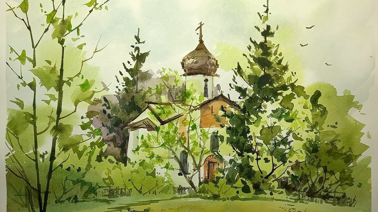 Майская зелень, Великий Новгород, акварель, живой мастер-класс