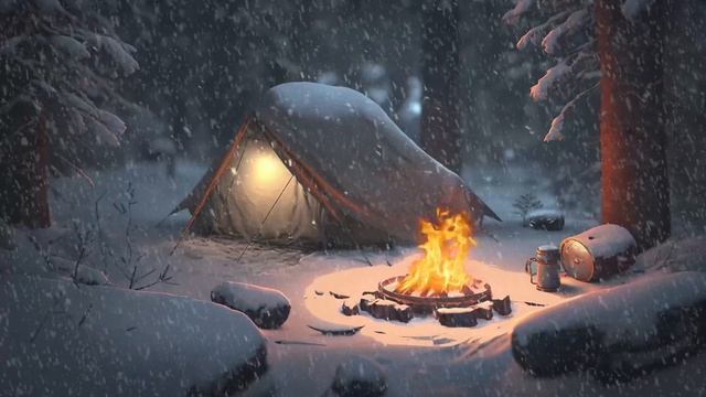 Кемпинг в зимней стране чудес - Уютная ночь в заснеженной палатке с потрескивающим огнем