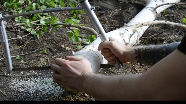 Пилим сырую березовую ветку (диаметр 10 см) складной пилой "Лиса-Большая" от ПО-СНЕГУ.РУ