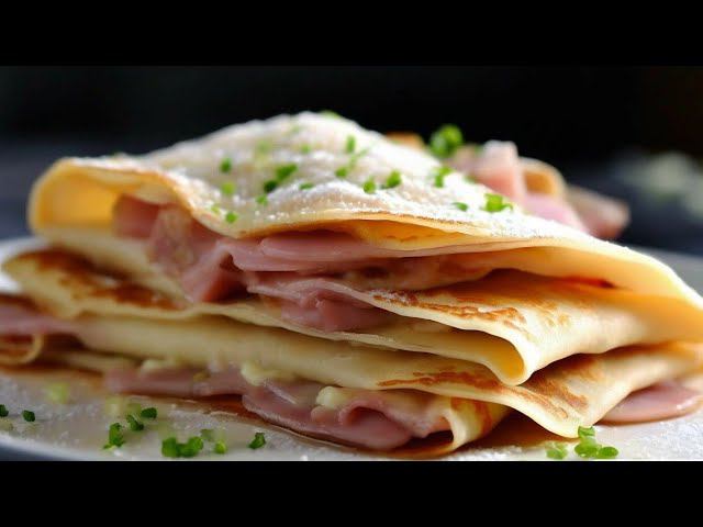 Тонкие блинчики на молоке с ветчиной и сыром