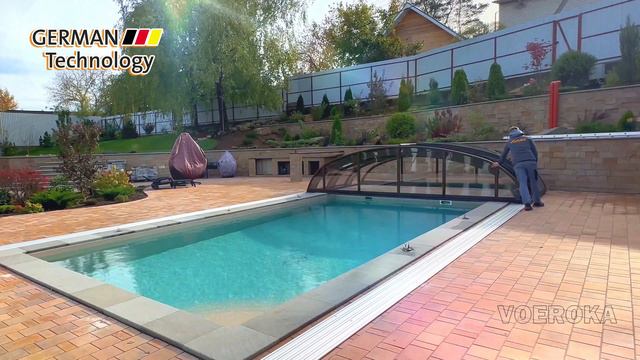 Раздвижной павильон для бассейна модель FLAIR Размеры 10,9х5,4х1,25м. Коричневый профиль.