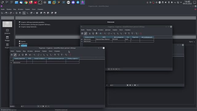 Ввод данных в таблицу в режиме таблицы СУБД LibreOffice Base.