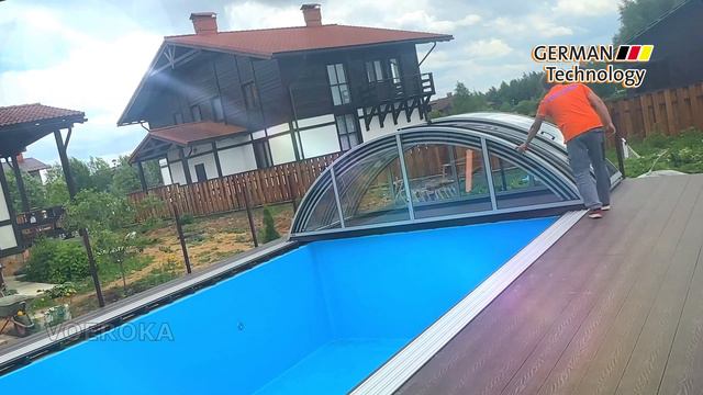 Павильон для бассейна размеры 7,5х4,5х1,3м. Серебряный цвет профиля. Прозрачный поликарбонат