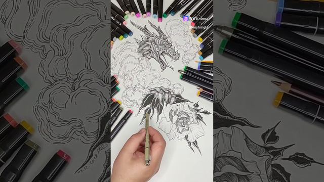 Тату эскиз Дракон с розой