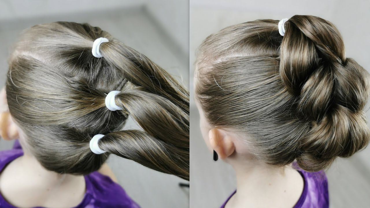 UPDO hairstyle from 3 ponytails. Gathered hairstyle.
