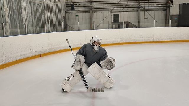 Имитация ловли и отбивания шайбы в движении с переходом из высокой стойки в среднюю и в низкую