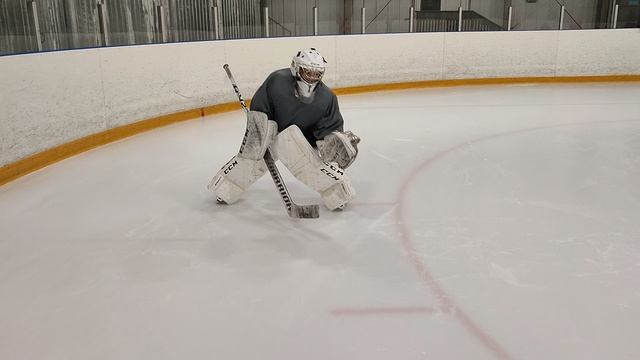 Имитация ловли и отбивания шайбы в движении с переходом из высокой стойки в среднюю и в низкую