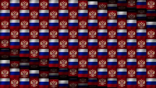 Массив из ячеек с флагом и гербом России. Цикличная 3d анимация в 4K.
